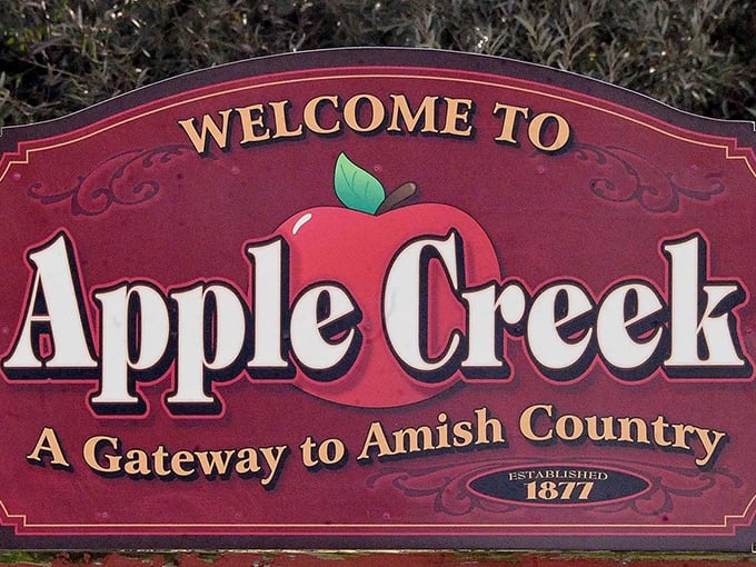 Apple Creek's welcoming sign promises visitors a gateway to authentic Amish country.