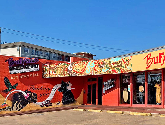 The colorful exterior hints at trendy finds inside where fashion meets sustainability beautifully.