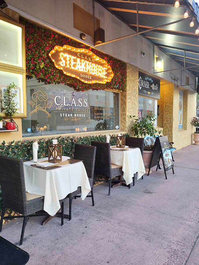 The charming exterior of CLASS Soiree promises an intimate steakhouse experience with European sidewalk cafe vibes.
