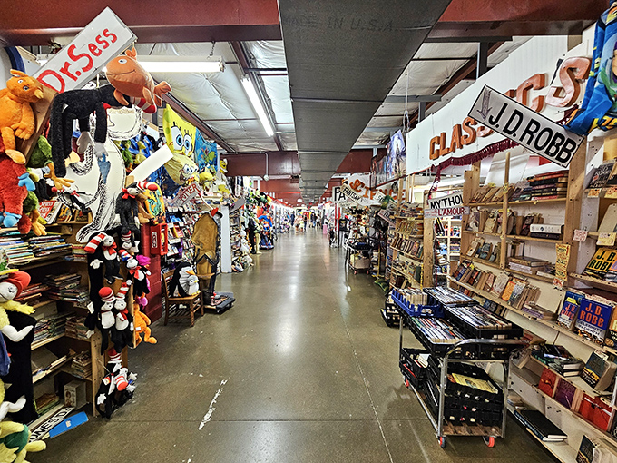 Endless rows of indoor booths stretch like a small city dedicated entirely to bargain hunting adventures.