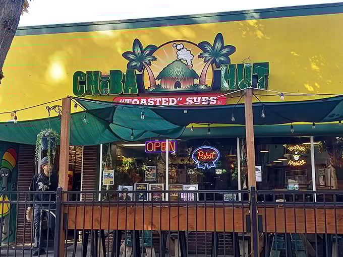 Those palm tree decorations and beach-themed signs create a fun escape from Oregon's rainy day blues.