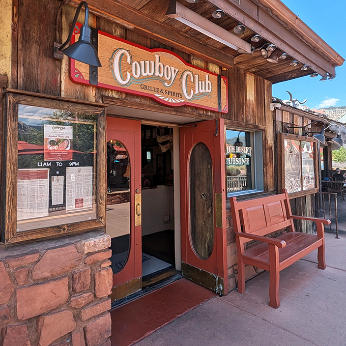 Red benches welcome hungry travelers to experience steaks worthy of the Old West's finest traditions.