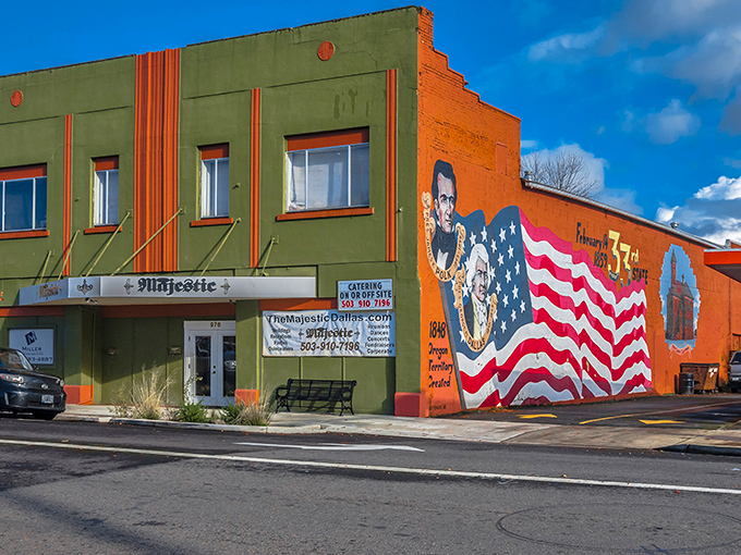 Patriotic murals brighten Dallas's downtown buildings, reflecting the community pride that makes small towns special.