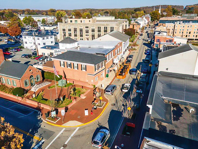 This aerial view of Elkton reveals a town that's grown organically around its historic core. A living timeline from above!