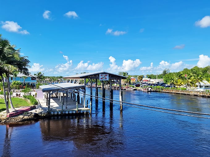Tropical rainbow on the water! Everglades City's colorful waterfront looks like what happens when fishing guides become interior decorators.