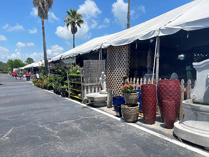Tables overflow with treasures while palm trees remind you that bargain hunting can feel like vacation.