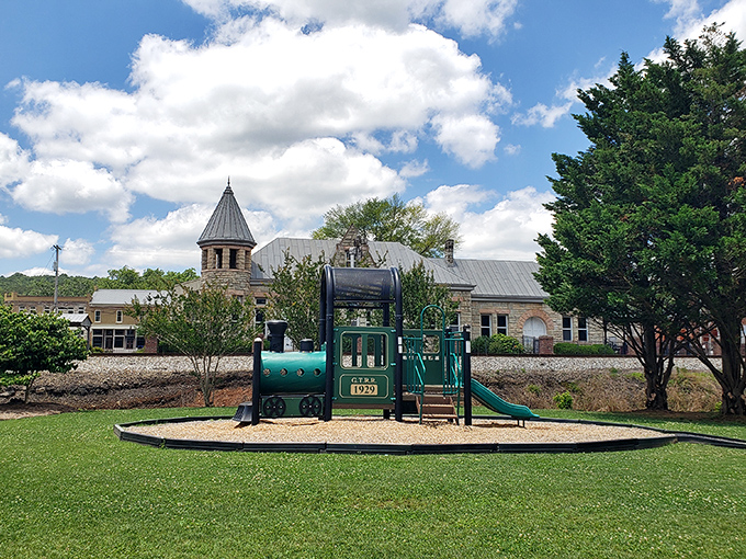 All aboard! A charming train-themed playground in Fort Payne, with the town&rsquo;s rich railroad history in the backdrop.