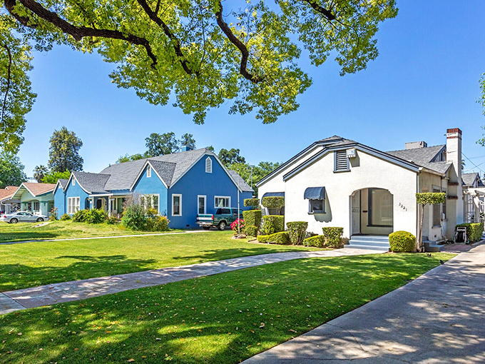 Tree-lined residential streets showcase Fresno's family-friendly neighborhoods, where California living remains refreshingly affordable and genuinely welcoming.