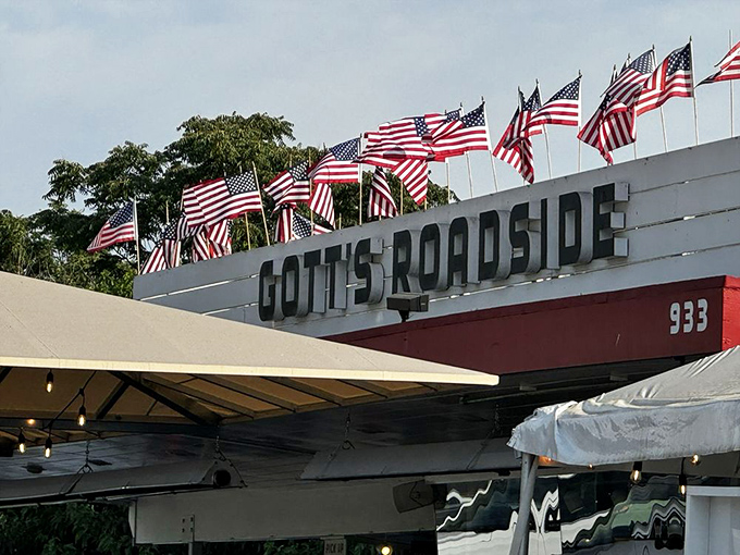 Nothing says "classic American dining" quite like a row of flags welcoming you to burger paradise.