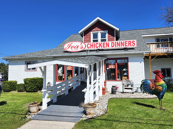 The white ramp leading to Iva's door might as well be labeled "Path to Chicken Paradise." Follow it faithfully!