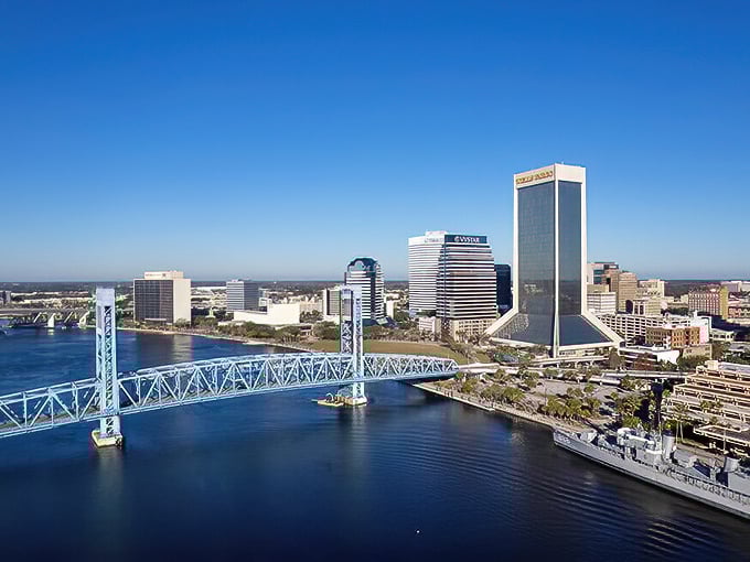 The iconic blue bridge spans Jacksonville's waterfront, connecting budget-conscious diners to affordable culinary destinations.