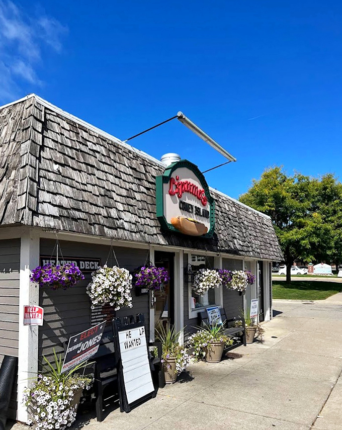 Those hanging flower baskets add just the right touch of warmth to this neighborhood treasure.