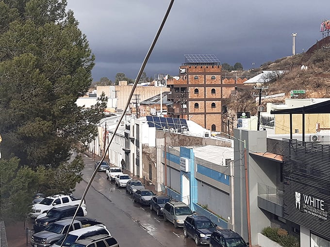 Border town character shines through in these weathered buildings with mountain views.