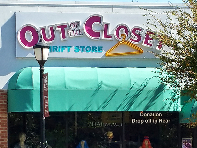 Bright awnings and clever signage make this Dallas thrift store pop against the urban landscape.