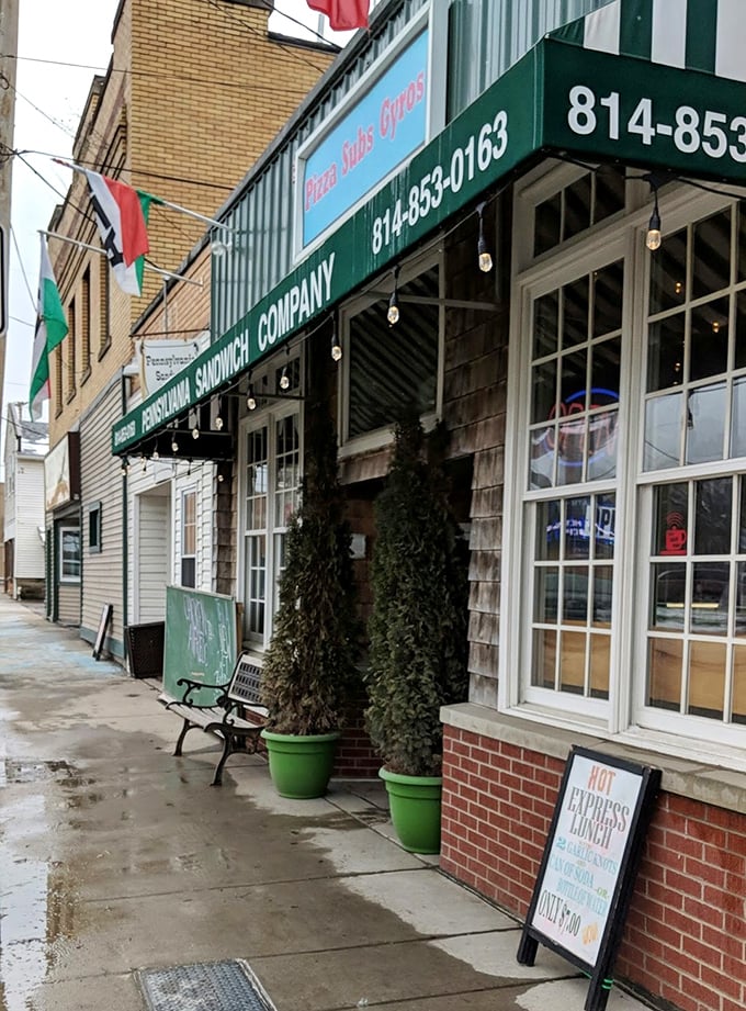 Green awnings and string lights create an inviting atmosphere. This Meadville mainstay knows that great sandwiches deserve a welcoming setting.