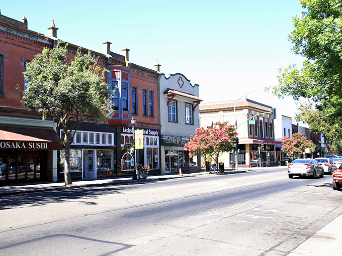 Historic buildings line Red Bluff's Main Street, offering window-shopping adventures without big-city price tags.