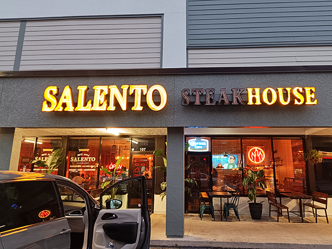 As evening falls, Salento's warm glow invites you in like an old friend. Those illuminated letters are sending smoke signals to serious steak enthusiasts.