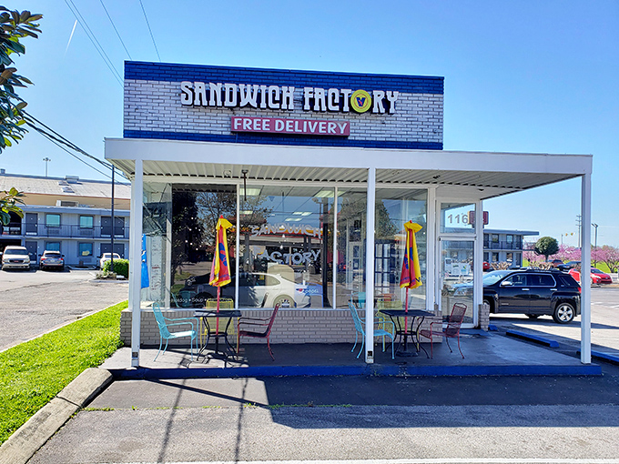 Free delivery signs and colorful awnings signal a local spot that truly cares about serving its community well.