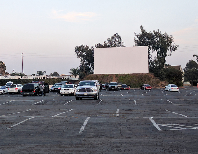 South Bay's screen sits like a monument to simpler times, where this Ram truck and its neighbors gather for communal storytelling on San Diego evenings.