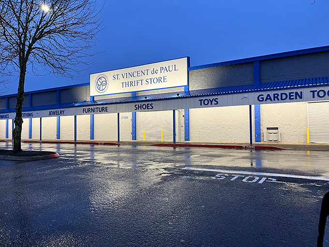 This blue-trimmed thrift giant organizes donations like a well-oiled machine, creating shopper's paradise from community generosity.