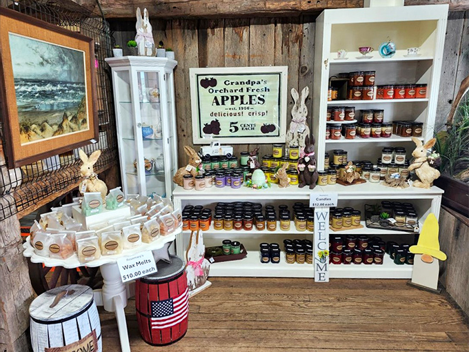 Homemade jams line these shelves like edible jewels&mdash;a rainbow of country flavors surrounded by whimsical bunnies and vintage charm.