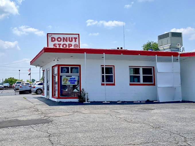 The Donut Stop's classic red and white building looks like it was plucked straight from a nostalgic American dream.