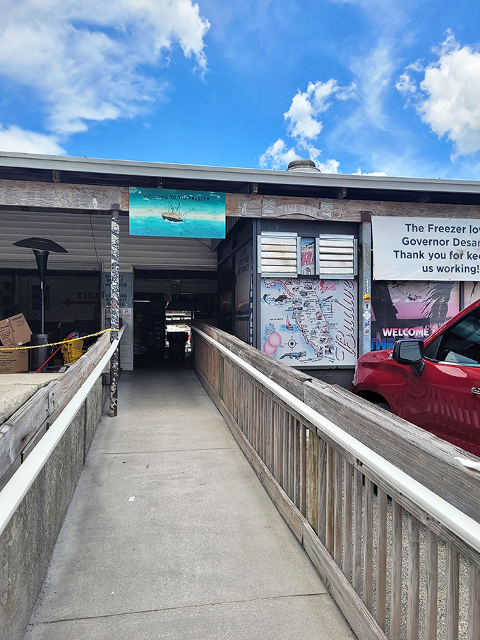 Follow this wooden walkway to shrimp served in plastic bags and memories that last forever. No frills, all thrills.