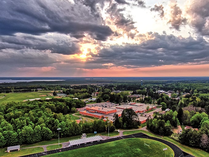 Aerial view of Three Lakes reveals the perfect balance of civilization and wilderness that makes Wisconsin lake towns special.
