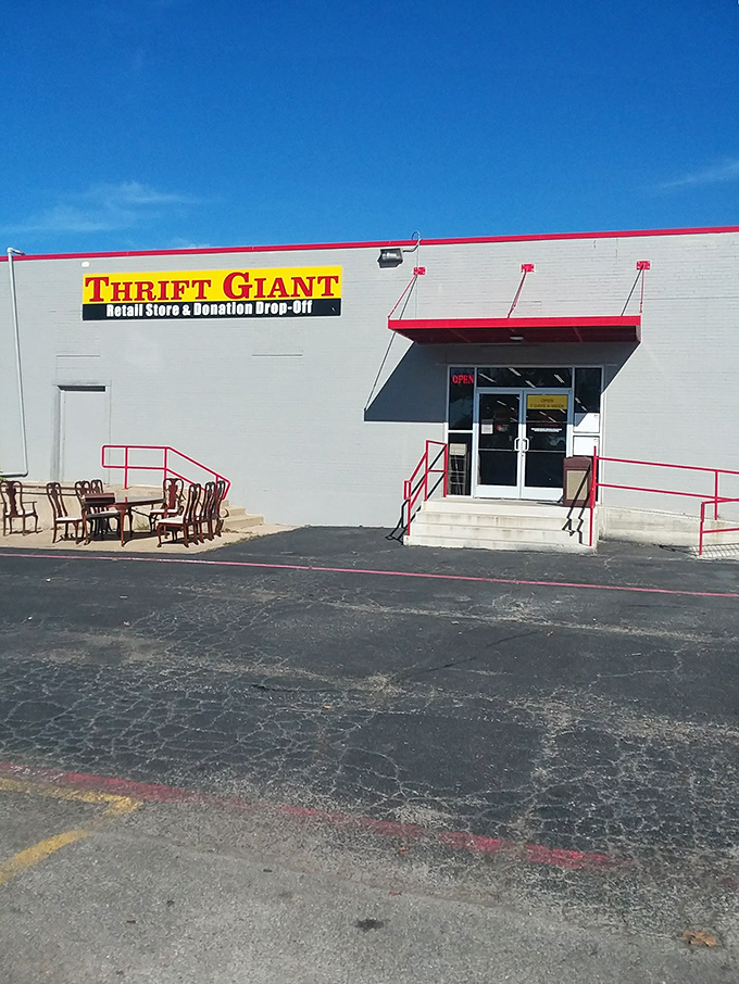 Thrift Giant's straightforward exterior with furniture already waiting to go home. The sidewalk sale is just a taste of what's inside!