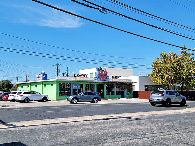 The lime green and white building houses carefully curated secondhand finds – proving that thrift stores can be as quirky as the city they serve.