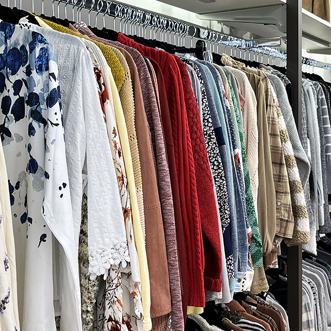 A rainbow of carefully selected clothing awaits fashion-conscious shoppers looking for current styles.