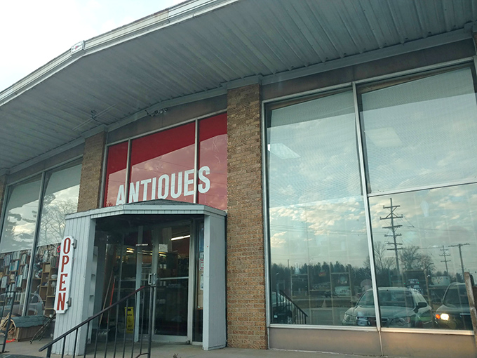 Modern storefront house old-fashioned treasures in this well-organized antique shopping destination perfectly.