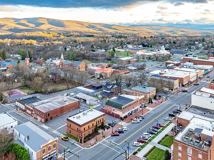 From above, Wytheville reveals its perfect grid of streets and historic buildings, all surrounded by the rolling Blue Ridge Mountains.