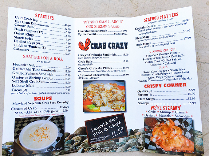 This menu isn't just a list&mdash;it's a treasure map to seafood nirvana. "Crab Crazy" isn't just their logo, it's the condition you'll develop after one visit.