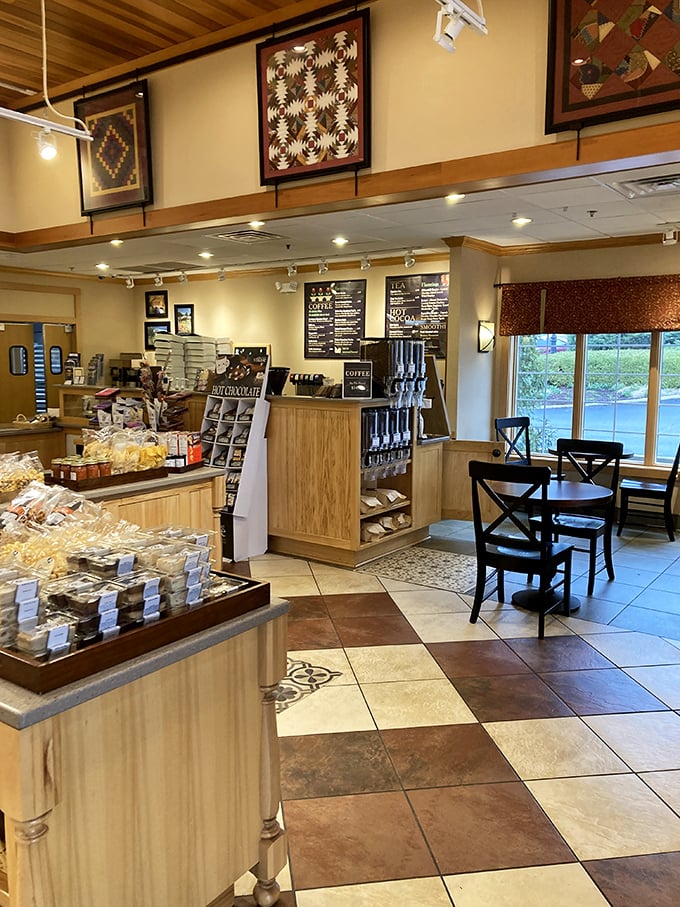 Handcrafted quilts adorn the walls while tempting baked goods line the shelves. A feast for the eyes before the actual feast.