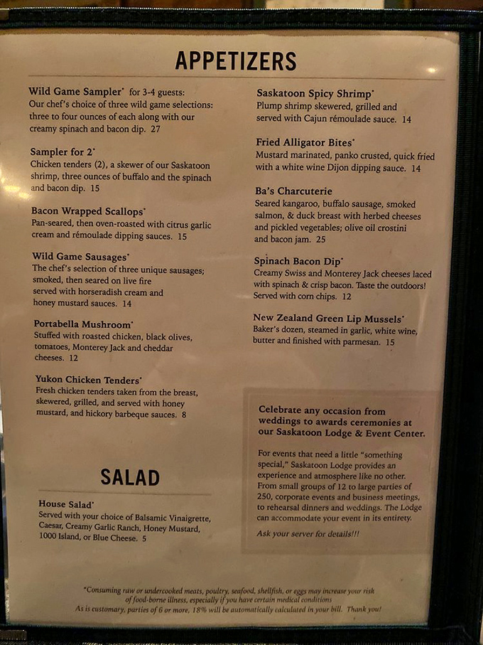 The menu reads like a carnivore's bucket list. When "Seared Kangaroo" appears alongside "Spinach Bacon Dip," you know you're not at Applebee's.