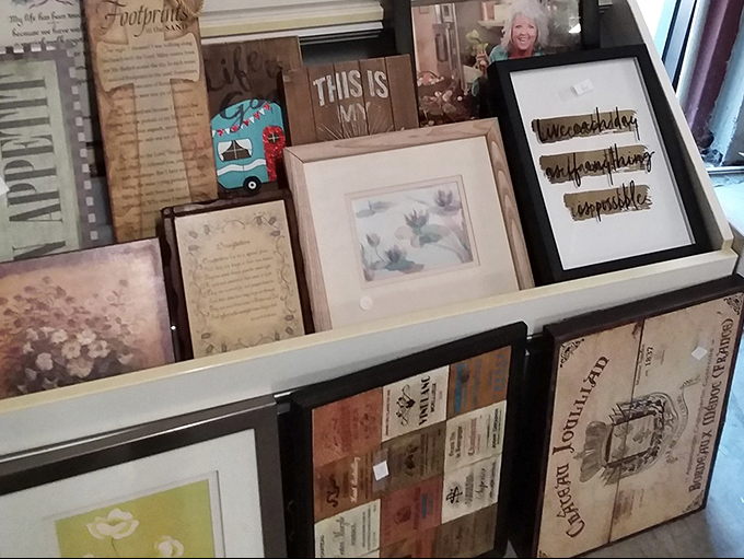 Wall art and inspirational pieces line the shelves, ready to transform blank walls into conversation starters without the gallery price tag.