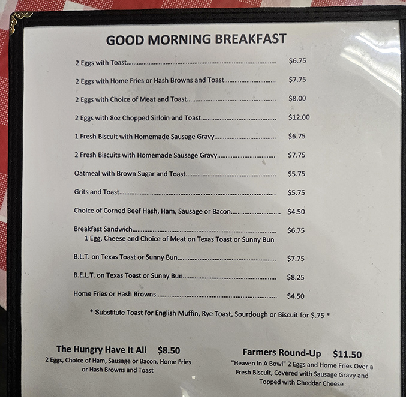 The breakfast menu reads like a love letter to morning classics, with the "Farmers Round-Up" promising what they aptly call "Heaven in A Bowl."