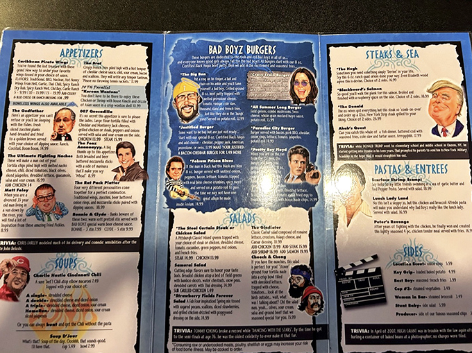 The menu reads like a love letter to American classics, with movie-themed dishes that deserve their own star on the Hollywood Walk of Fame.