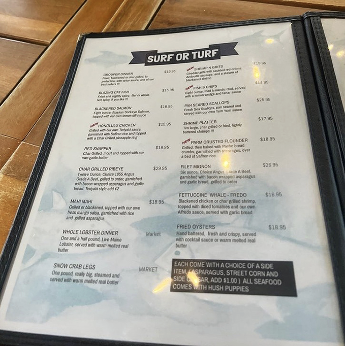 The menu reads like a love letter to the ocean, with "Surf or Turf" options that make choosing just one dish the hardest part of your day.