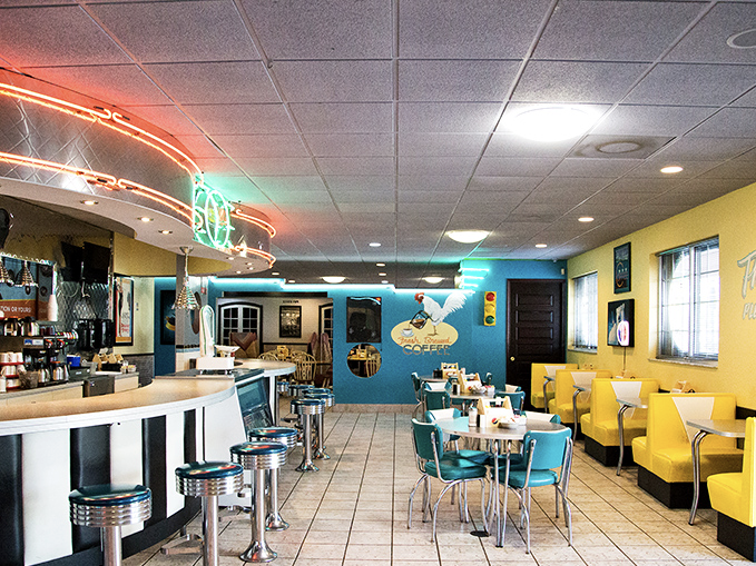 Step into a time machine of turquoise and yellow, where chrome accents gleam and neon signs promise delicious things to come.