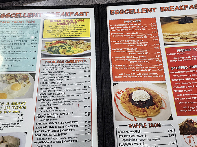 The menu reads like breakfast poetry &ndash; four-egg omelets, towering pancake stacks, and the promise of "Eggcellent Breakfast" isn't just clever wordplay.
