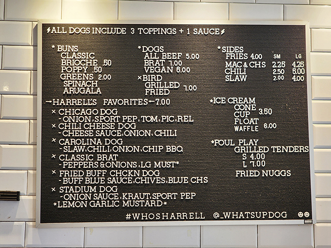 The menu board tells a story of hot dog devotion. Like reading a love letter to encased meats, each option more tempting than the last.