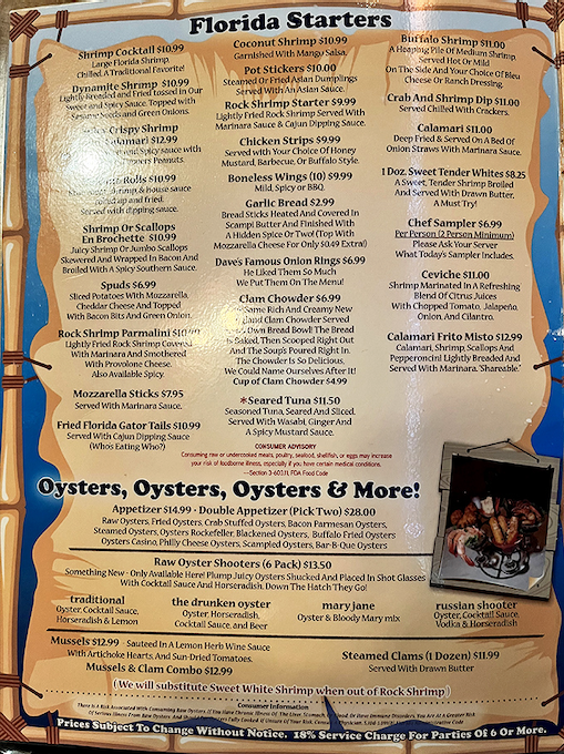 The menu reads like a love letter to Florida's waters &ndash; from those famous gator bites to fresh oysters and everything in between.