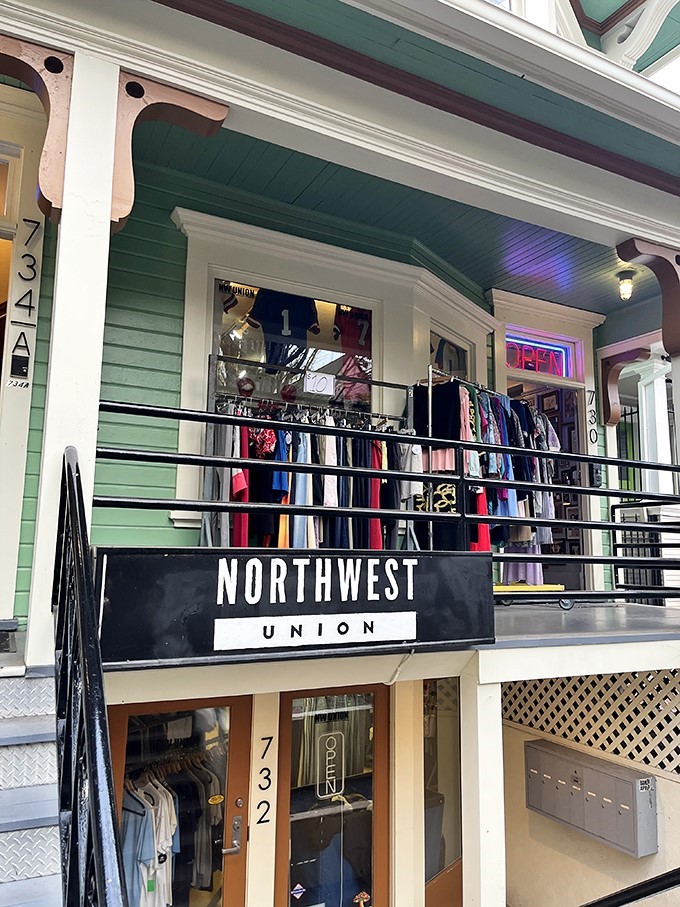 The mint-green Victorian facade of Northwest Union beckons like a fashionable friend's house, complete with a porch displaying sartorial treasures for passersby.