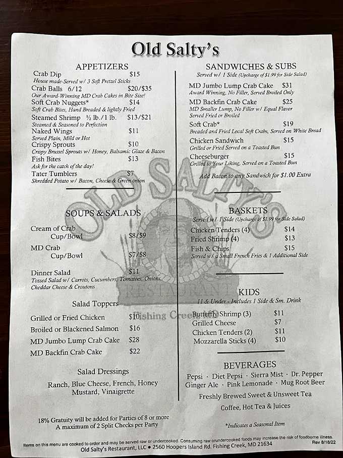 The menu reads like a love letter to the Chesapeake Bay. Each item promises the kind of seafood experience worth crossing county lines for.