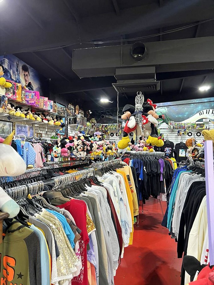 Racks upon racks stretch toward infinity, where vintage tees meet Mickey Mouse in a retail galaxy far, far away.