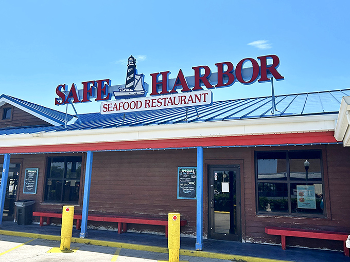 The iconic red sign with its lighthouse logo promises maritime delights within. No fancy frills, just the honest promise of fresh seafood.
