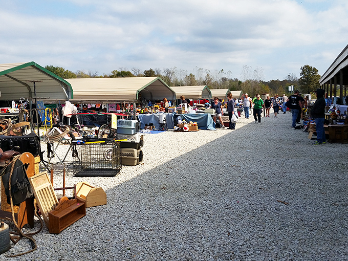 Wide gravel pathways stretch between vendor tents, creating a treasure hunter's paradise under the Missouri sky.