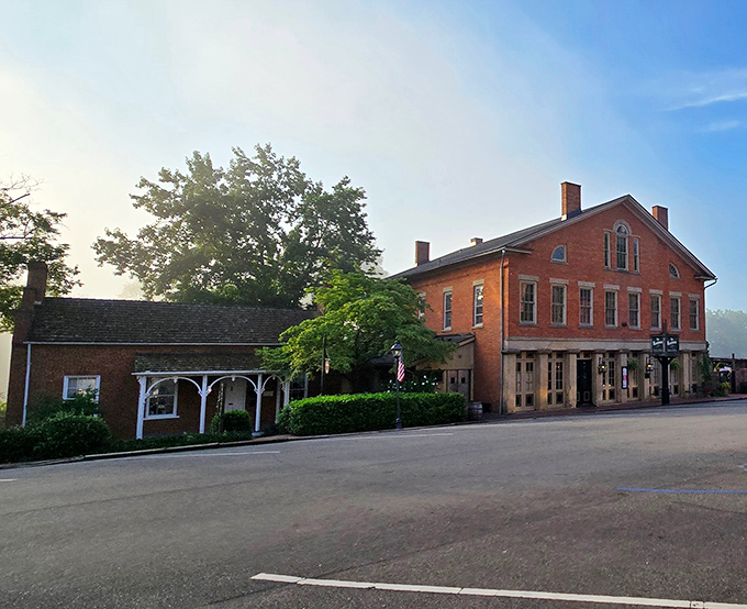 The historic brick fa&ccedil;ade of The Warehouse Restaurant stands proudly in Coshocton, where a rainbow occasionally appears as if to highlight this culinary treasure.